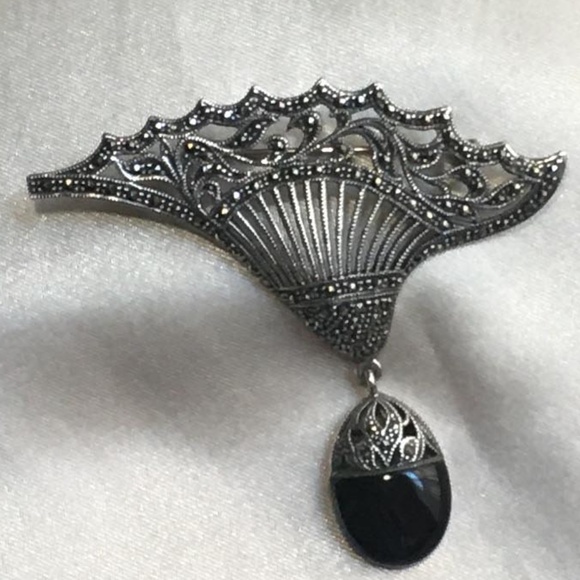 Vintage | Jewelry | Vintage Marcasite Pin Wblack Onyx | Poshmark